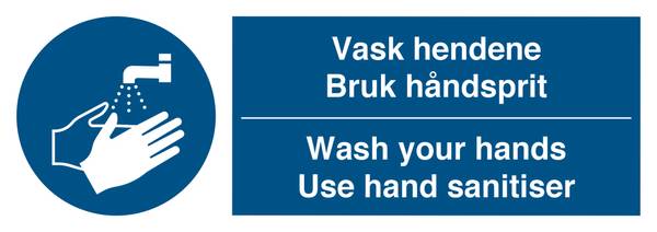 Vask hendene. Bruk håndsprit 105x297 - Smittevernskilt - MERKEFABRIKKEN.NO